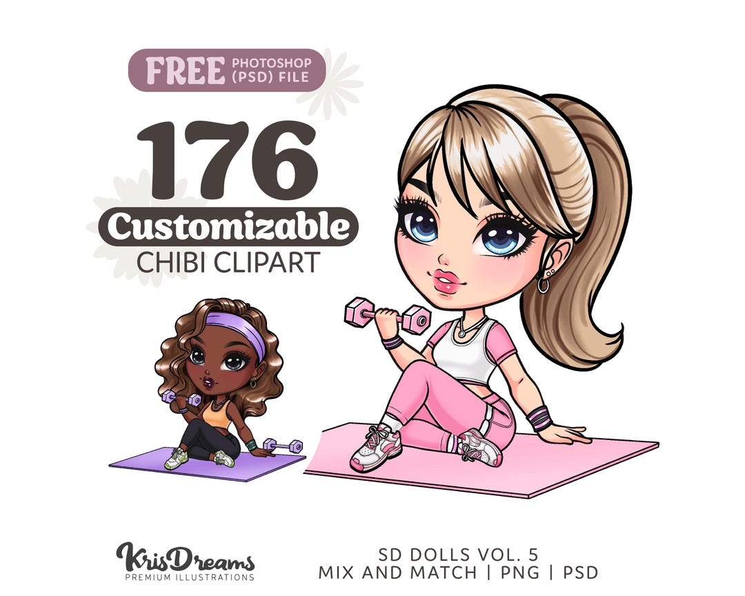 Fitness Chibi Clipart Bundle, 176 Customizable PNG Files, PSD Included ...