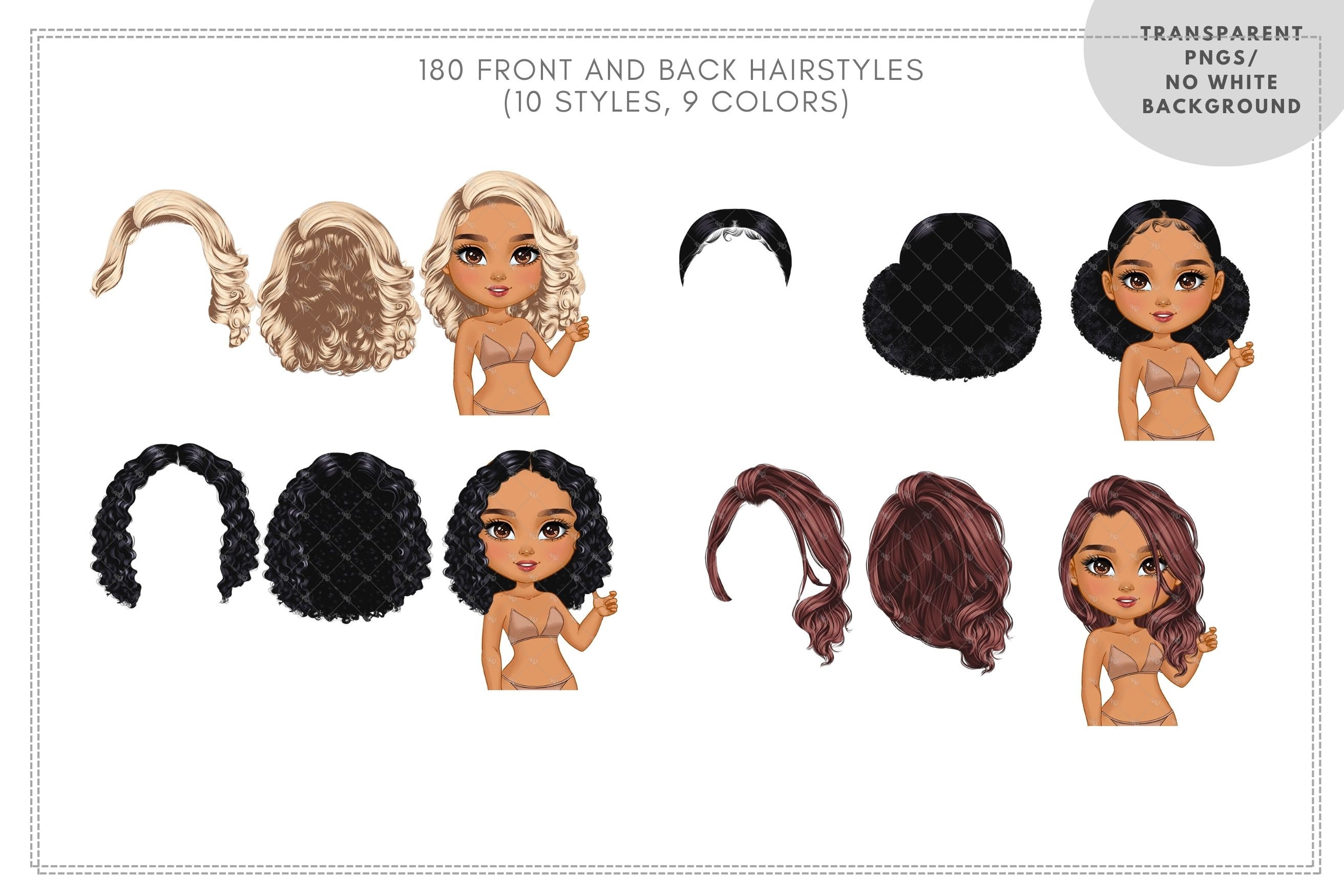 Chibi Hair Add-on, Hair PNG Bundle, Customizable Clipart, Afro Hair ...
