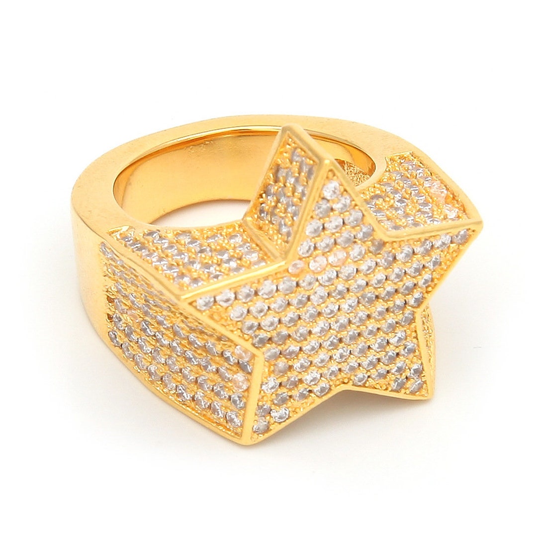 Iced Out Thick Baugette 5 Pointed Star Men's Diamond Ring Gold Plated ...