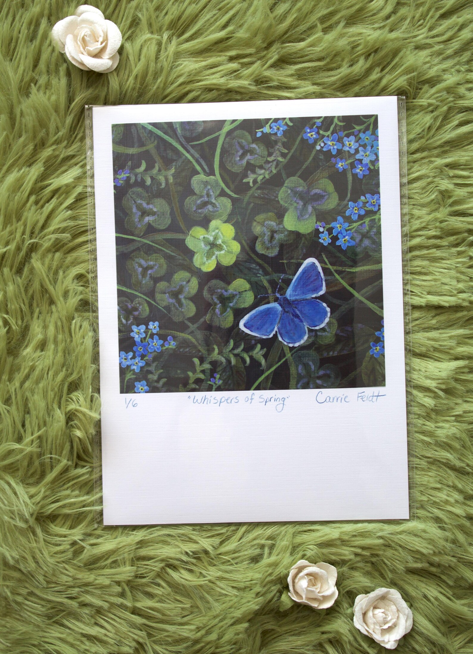 5x7 Blue Butterfly, Forget-me-nots and Lucky Clover Print - "whispers ...