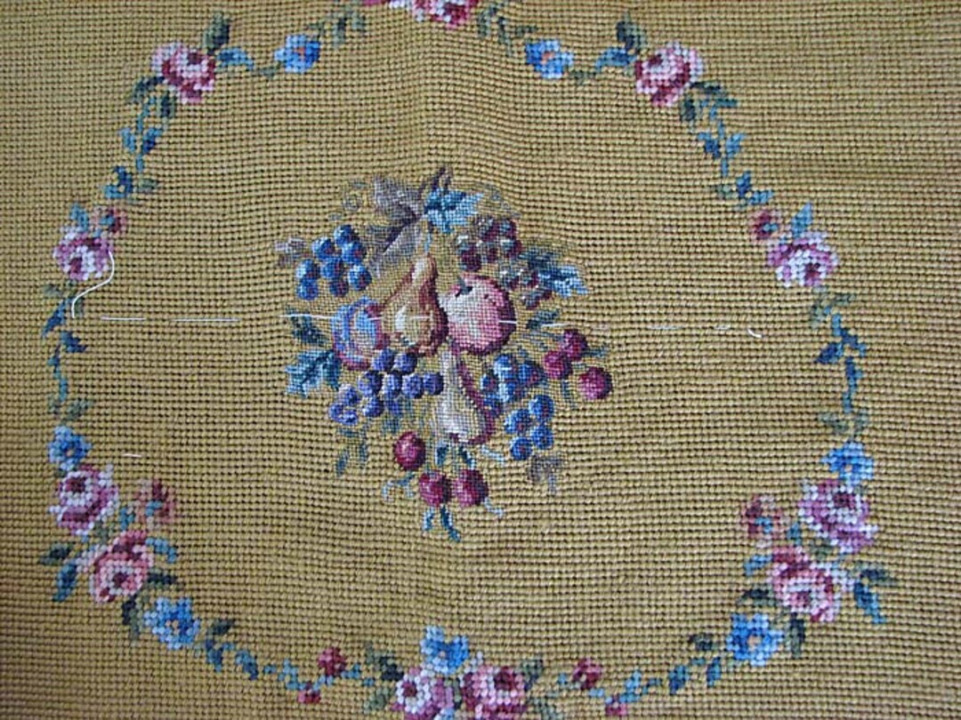 Estate Sweet Finished Needlepoint Roses & Fruit on Gold Background W ...