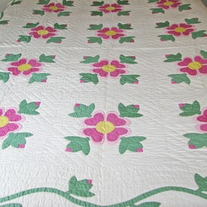 Gorgeous Vintage ROSE OF SHARON Applique Quilt 68" X 84" Hand Quilted 7 ...