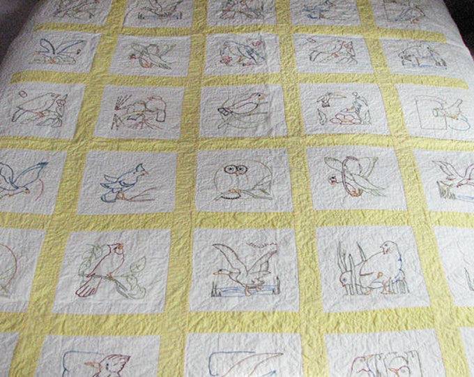 Vintage 1930's Ruby Mckim Embroidered "the Bird Life Quilt" - Yellow! Excellent Condition 64" X ...