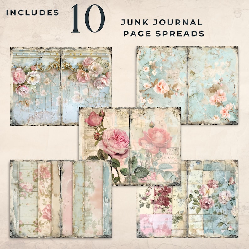 French Shabby Chic Junk Journal Kit: Faded Roses Ephemera (digital ...