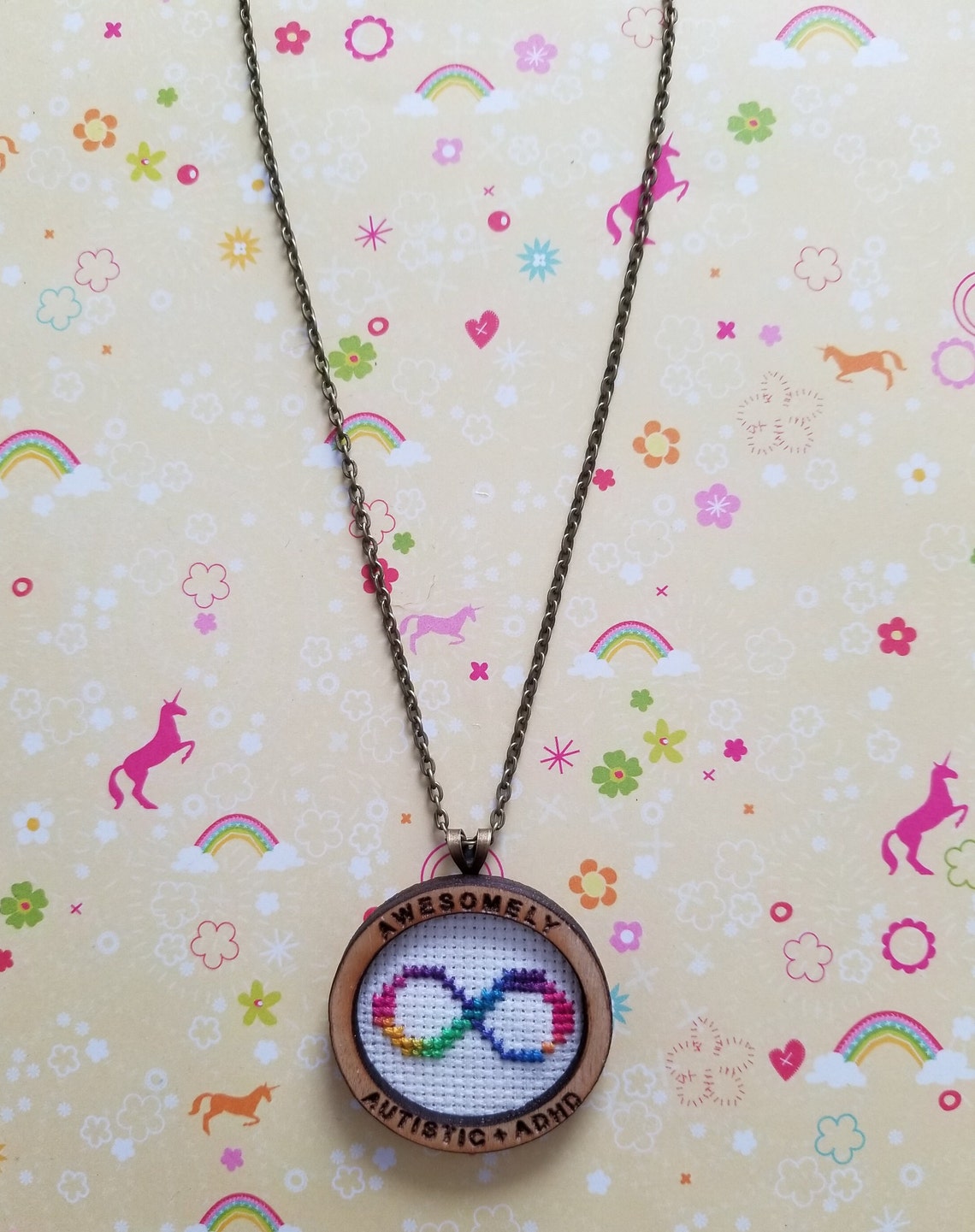 Awesomely Autistic + ADHD Cross Stitch Necklace, Neurodivergence ...