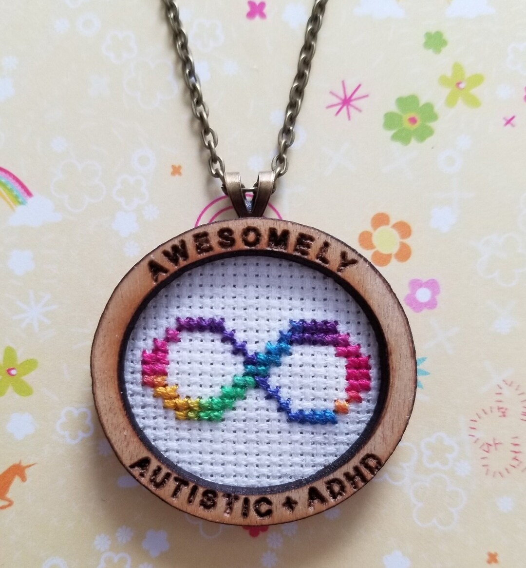 Awesomely Autistic + ADHD Cross Stitch Necklace, Neurodivergence ...