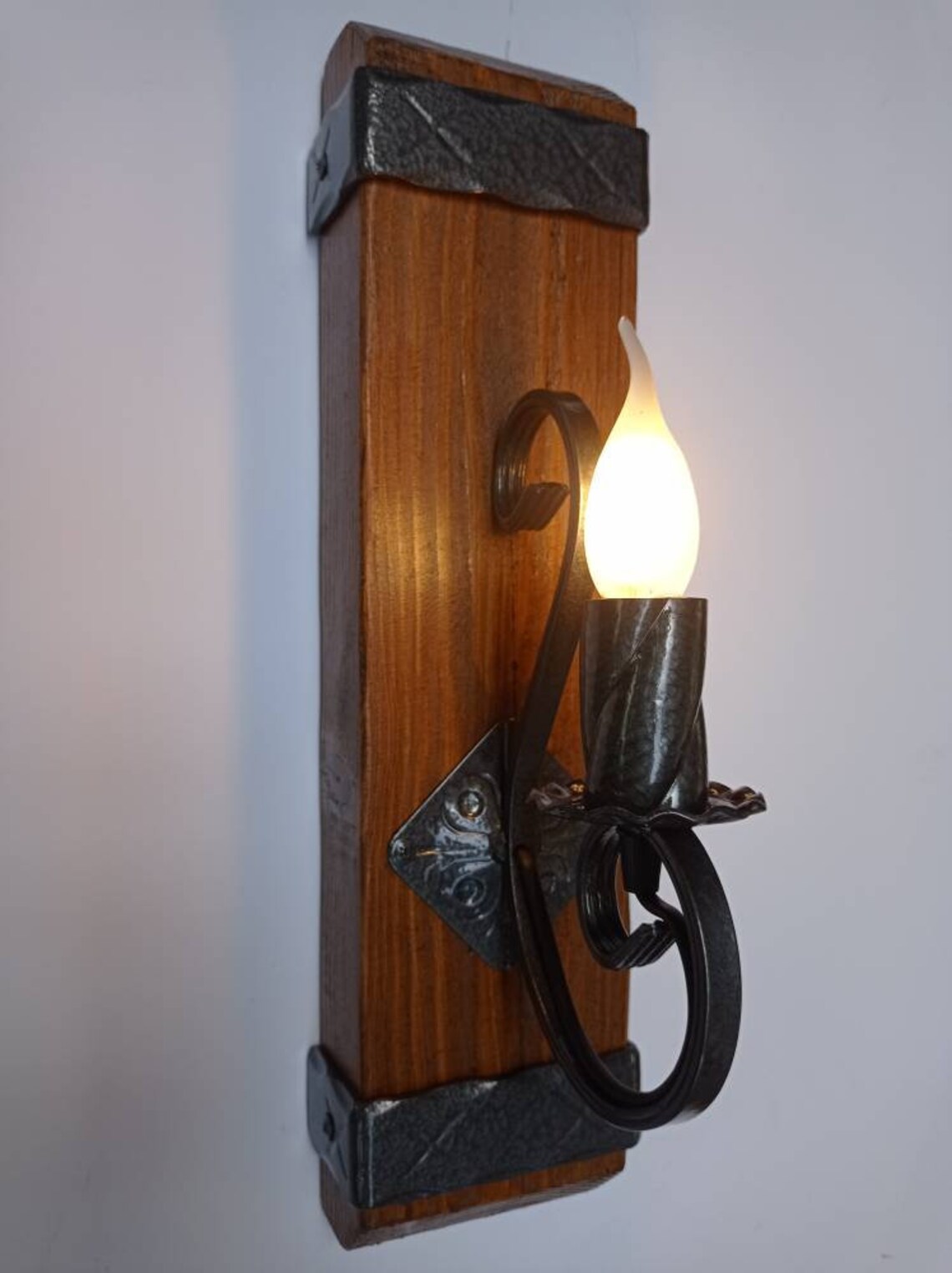 Rustic Wall Light. Wood and Wrought Iron Sconce. - Etsy