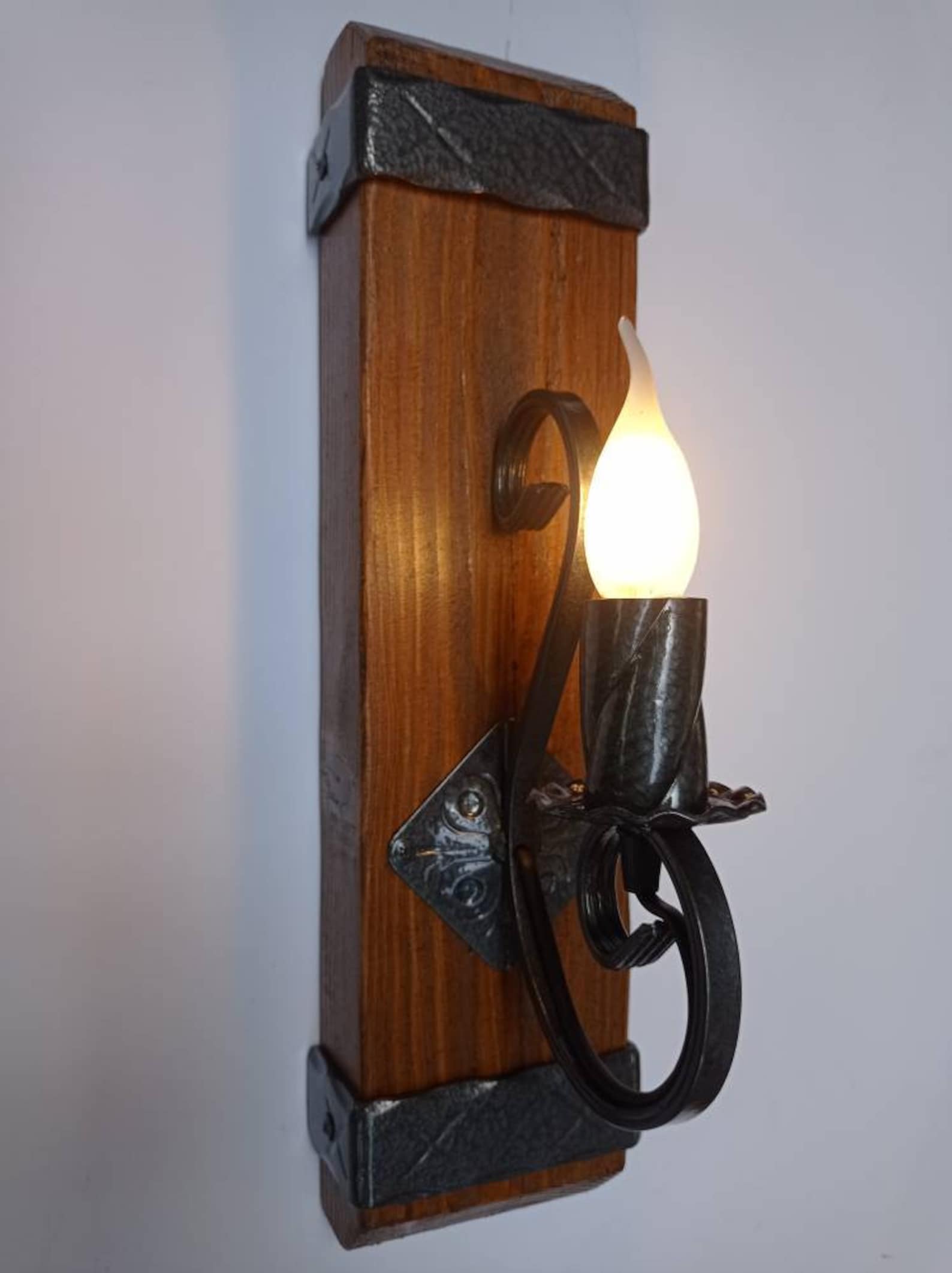 Rustic Wall Light. Wood and Wrought Iron Sconce. - Etsy