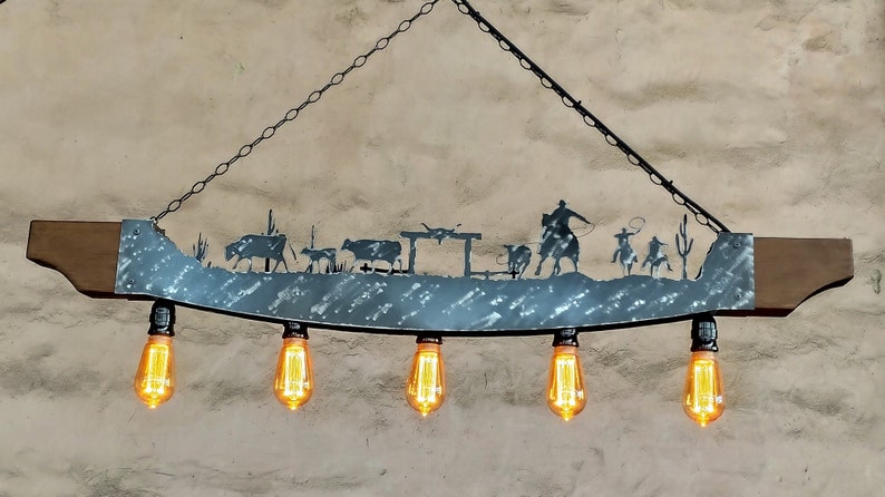 Western Chandelier: Rustic Farmhouse Ceiling Light With Cowboy Scene - Etsy