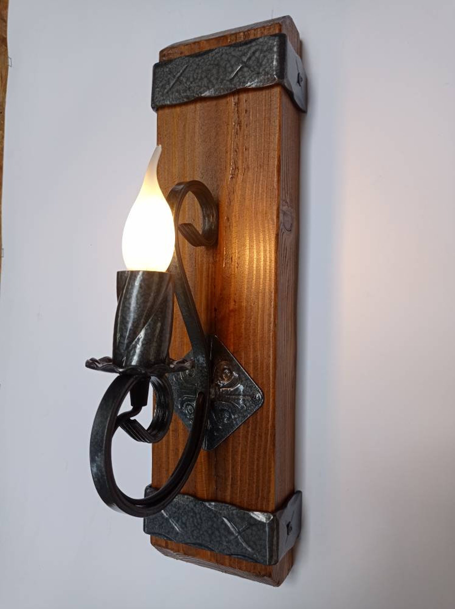 Rustic Wall Light. Wood and Wrought Iron Sconce. - Etsy