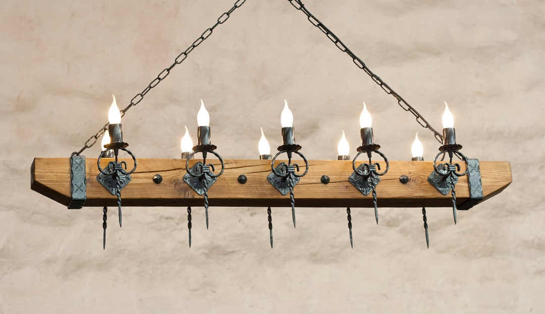 Chandelier Light Wood Beam and Wrought Iron, Rustic Ceiling Lights in ...