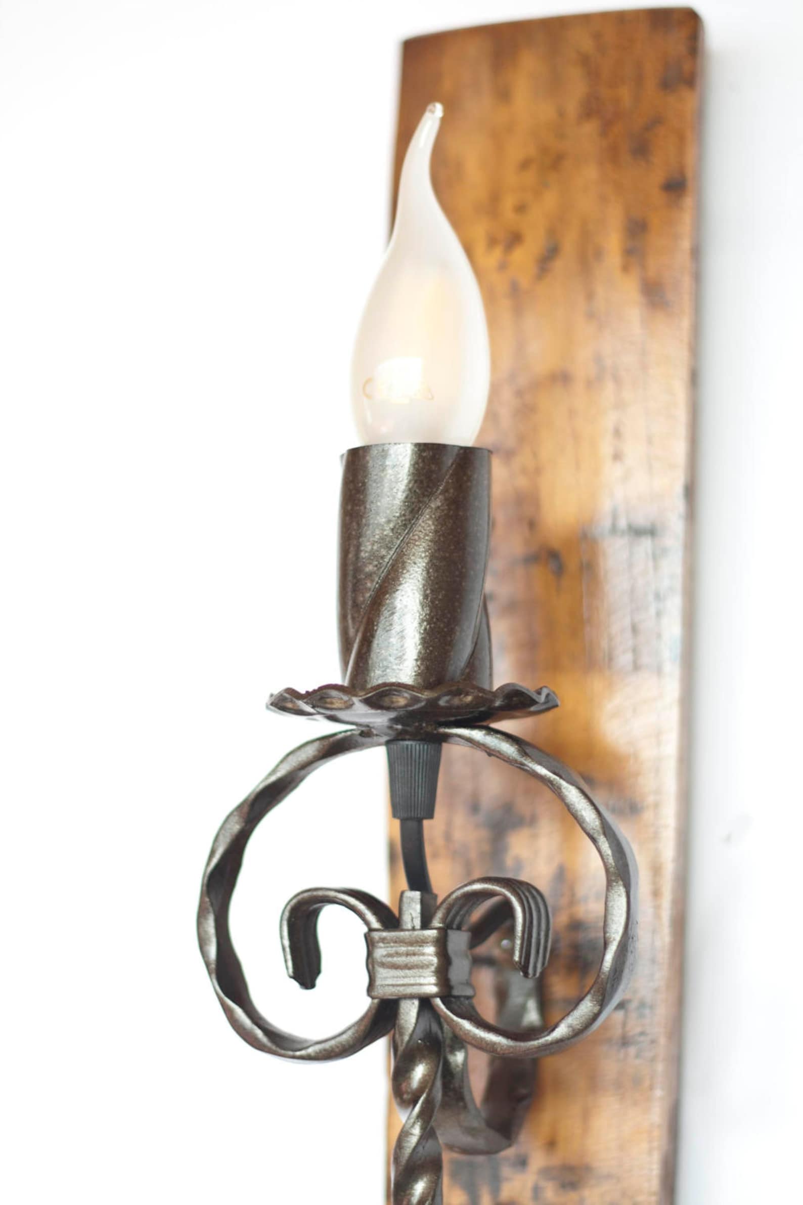 Rustic Wall Lamp - Wood and Wrought Iron Sconce - Barrel Lights - Etsy
