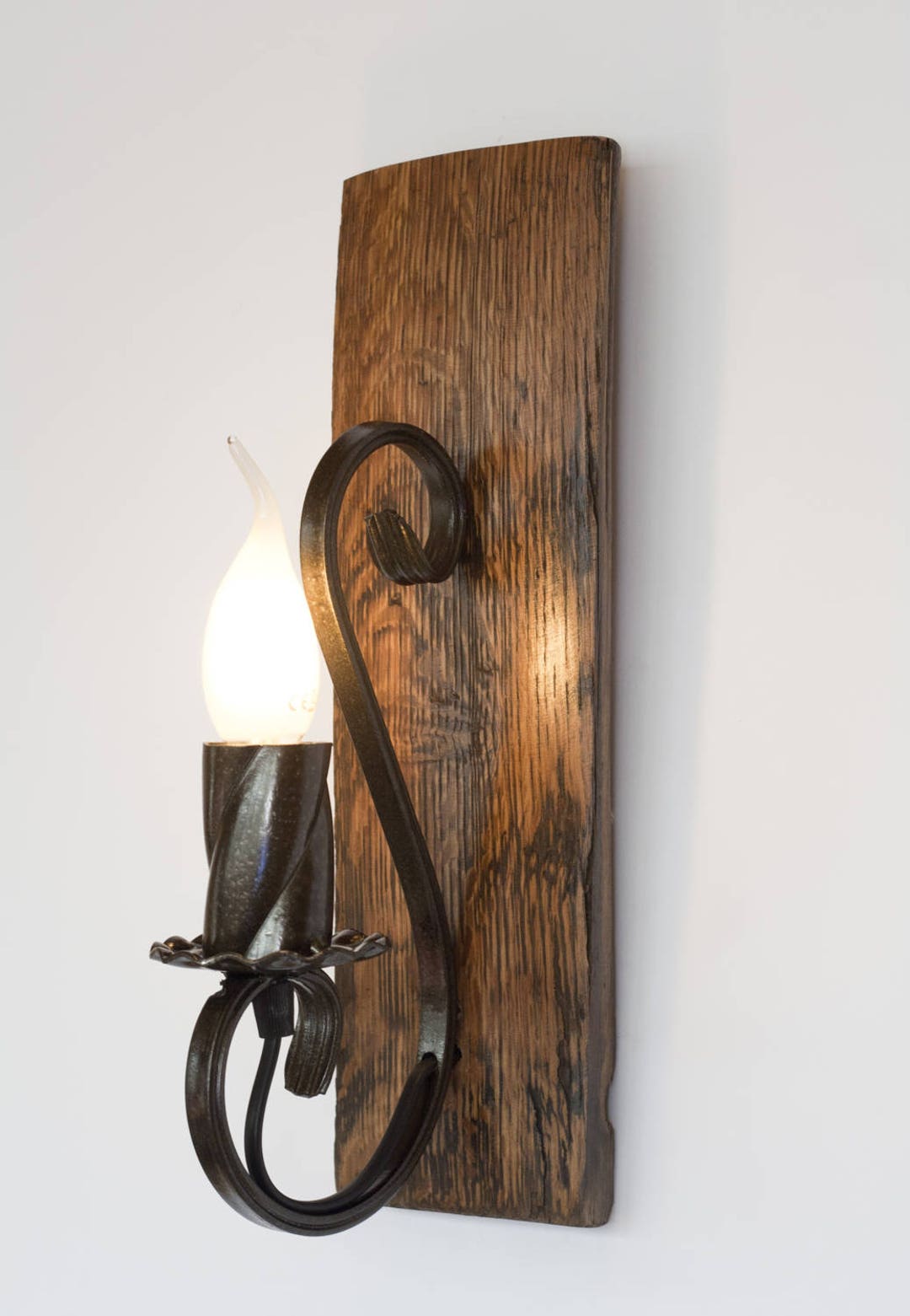 Rustic Wall Lamp - Wood and Wrought Iron Sconce - Barrel Wall Light - Etsy