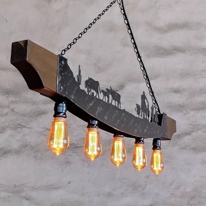 Western Chandelier: Rustic Farmhouse Ceiling Light With Cowboy Scene - Etsy