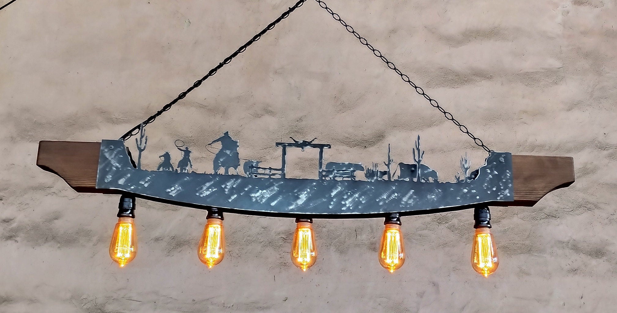 Western Chandelier: Rustic Farmhouse Ceiling Light With Cowboy Scene - Etsy