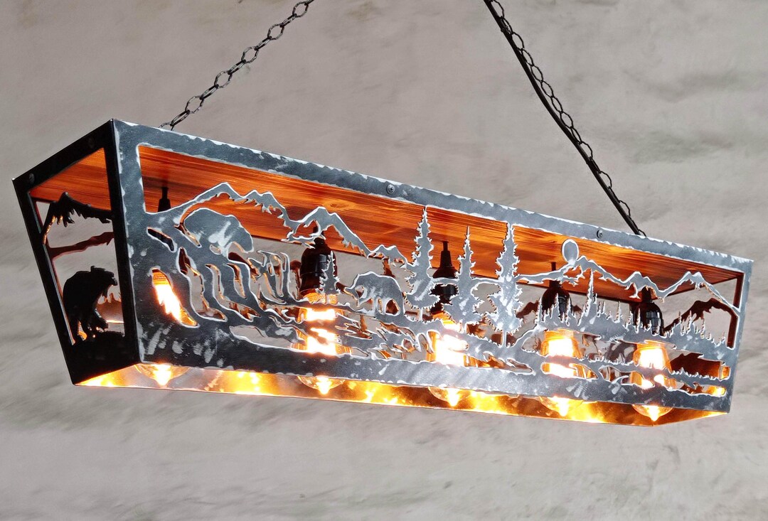 Rustic Bear Chandelier Fishing Salmon, Cabin Dining Room Light ...