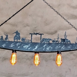 Western Chandelier: Rustic Farmhouse Ceiling Light With Cowboy Scene - Etsy
