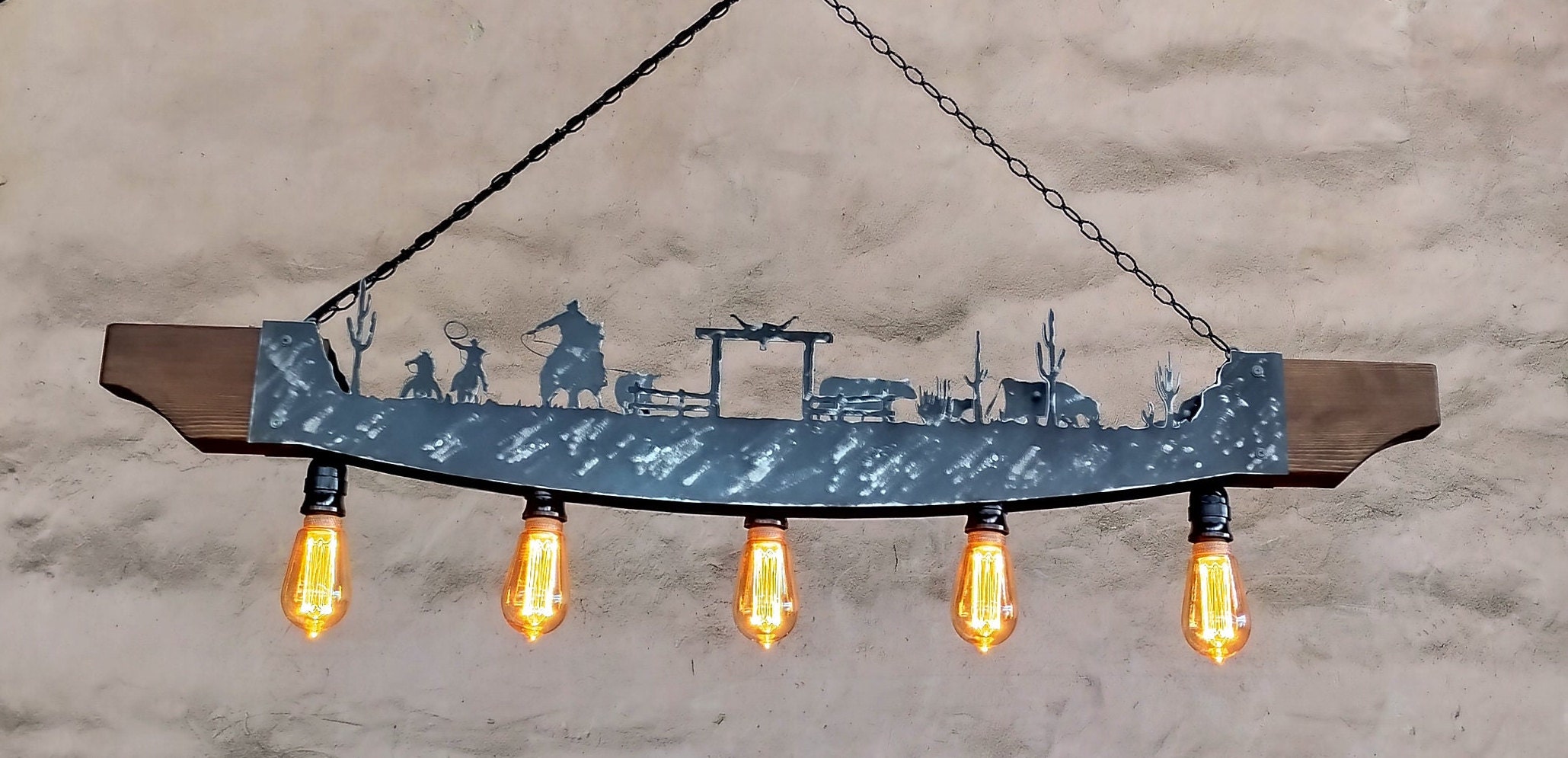 Western Chandelier: Rustic Farmhouse Ceiling Light With Cowboy Scene - Etsy