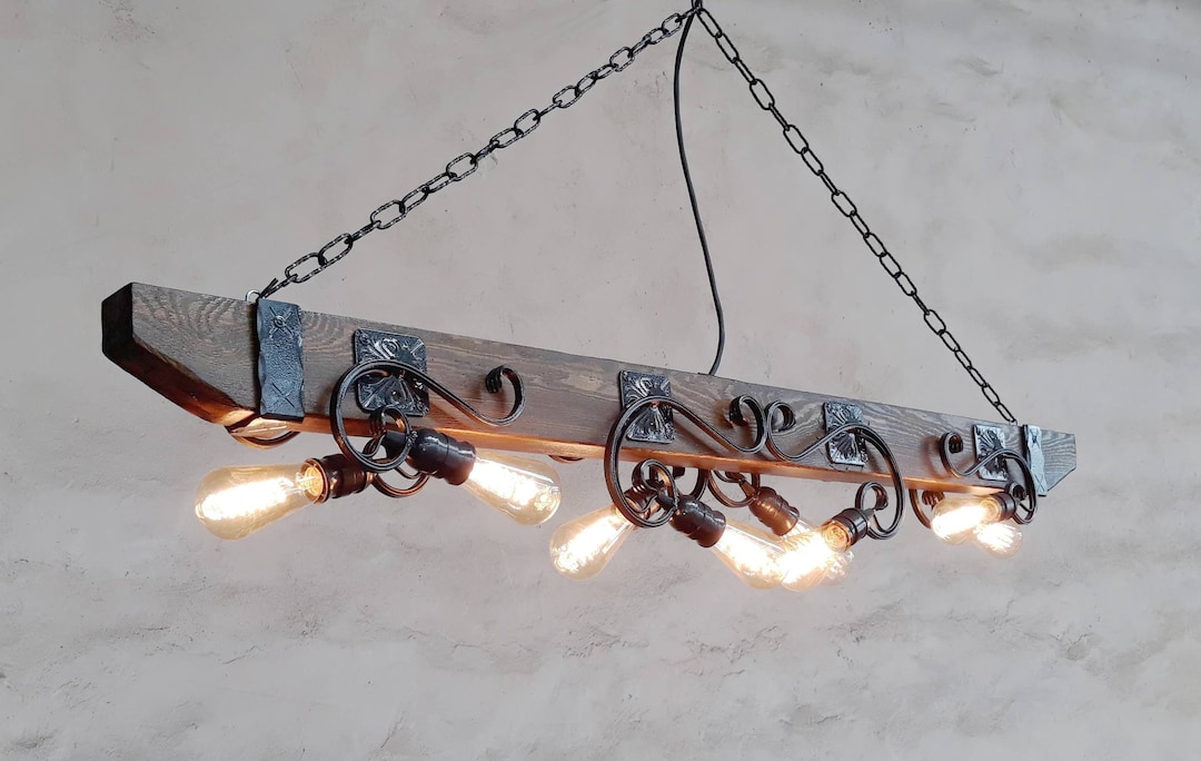 Eight Light Chandelier Lights, Wood Beam and Wrought Iron Lighting ...