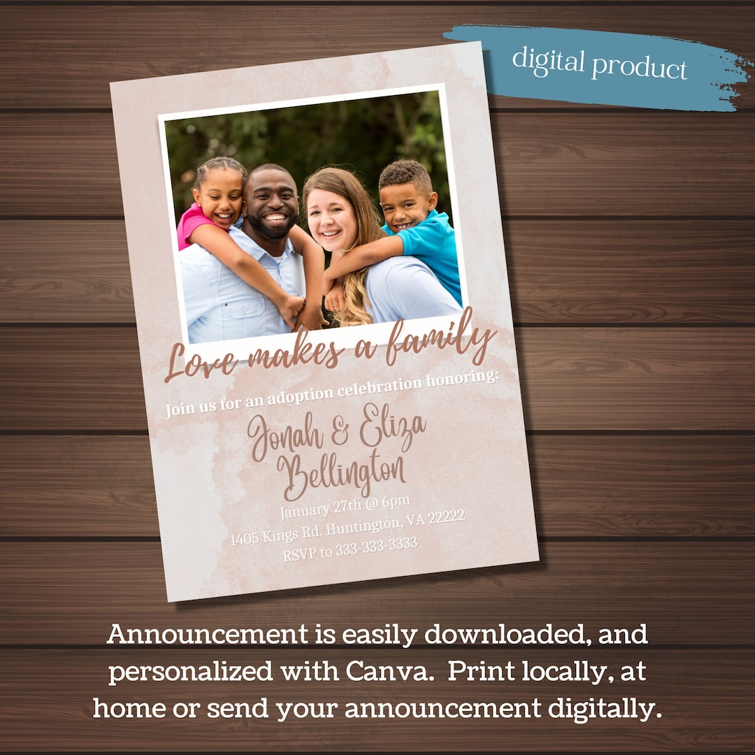 Adoption Celebration Invitation, Love Makes A Family 5x7 Editable Canva ...
