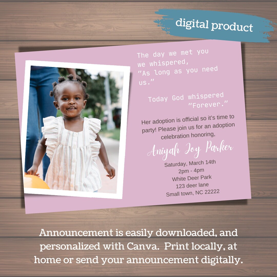 Personalized Adoption Celebration Invitation, 5x7 Photo Card, Canva ...