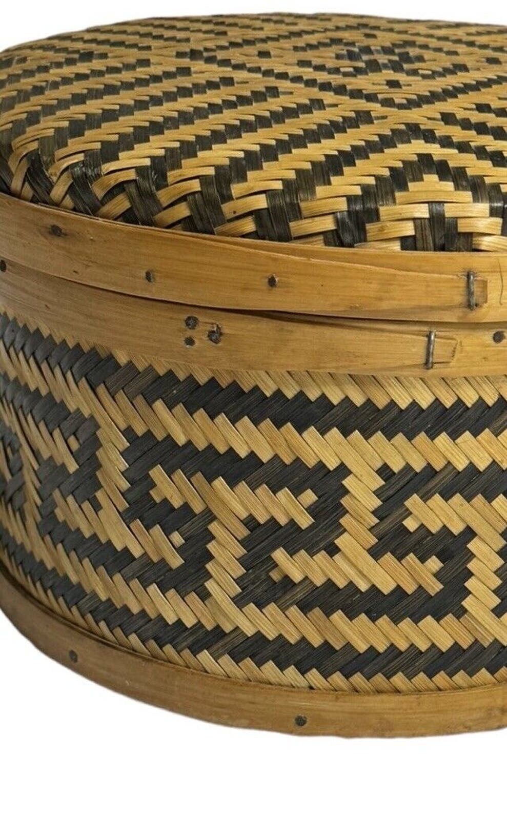 Vintage Early Chinese Bamboo Woven Basket With Lid Black Geometric ...