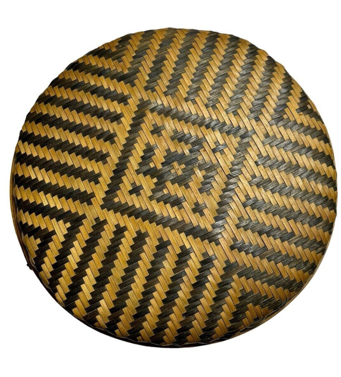 Vintage Early Chinese Bamboo Woven Basket With Lid Black Geometric ...