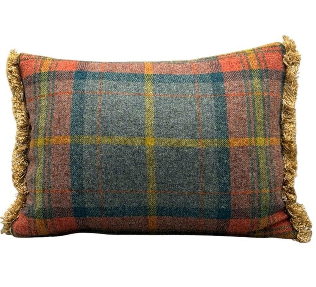 Hines of Oxford Wool & Velvet Plaid Lumbar Pillow Cover Rust Blue 18x12 ...