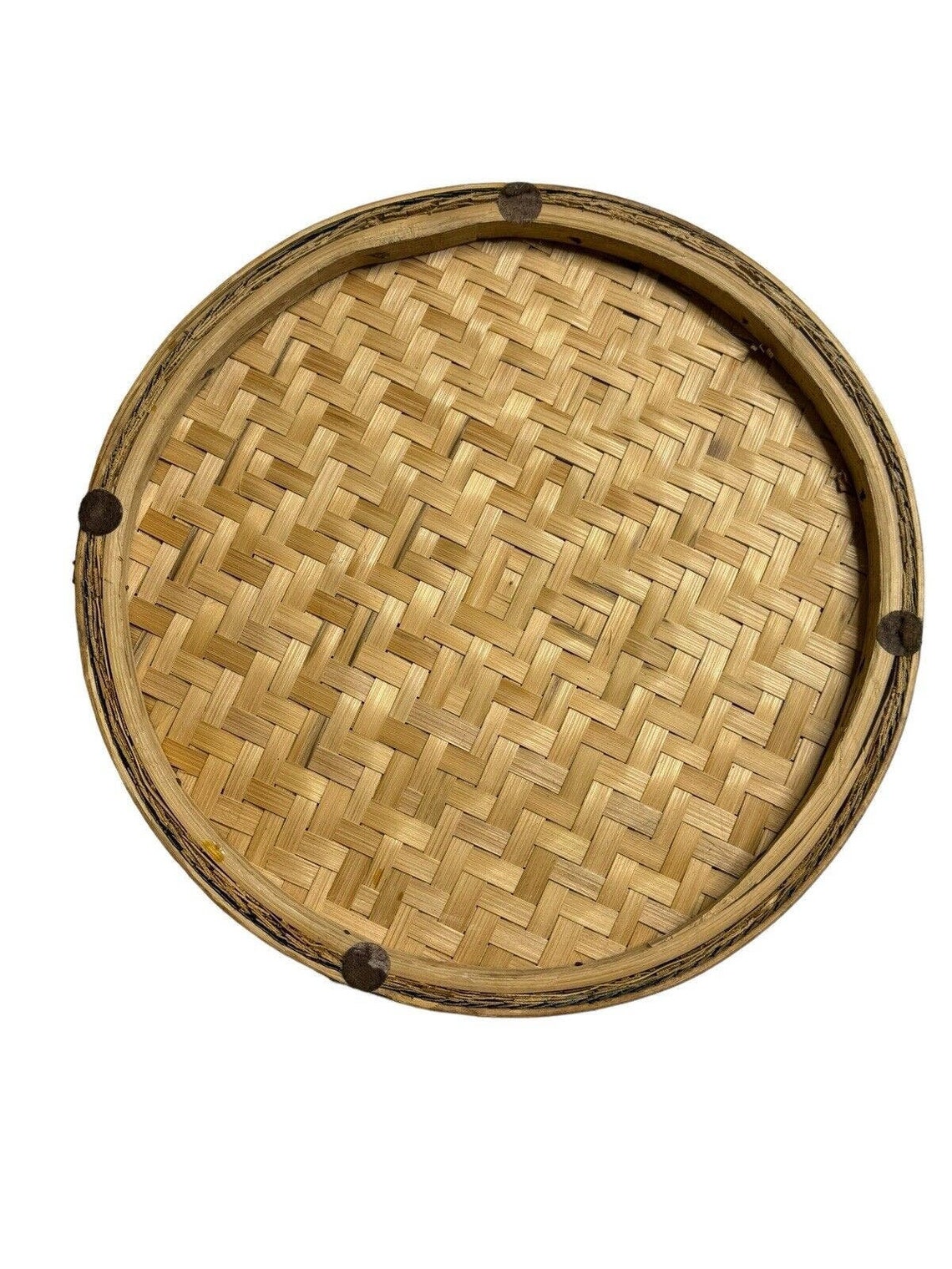 Vintage Early Chinese Bamboo Woven Basket With Lid Black Geometric ...