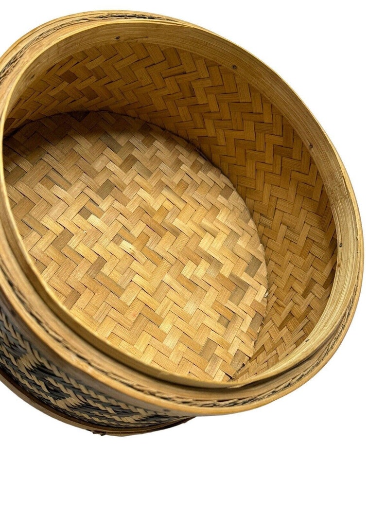 Vintage Early Chinese Bamboo Woven Basket With Lid Black Geometric ...