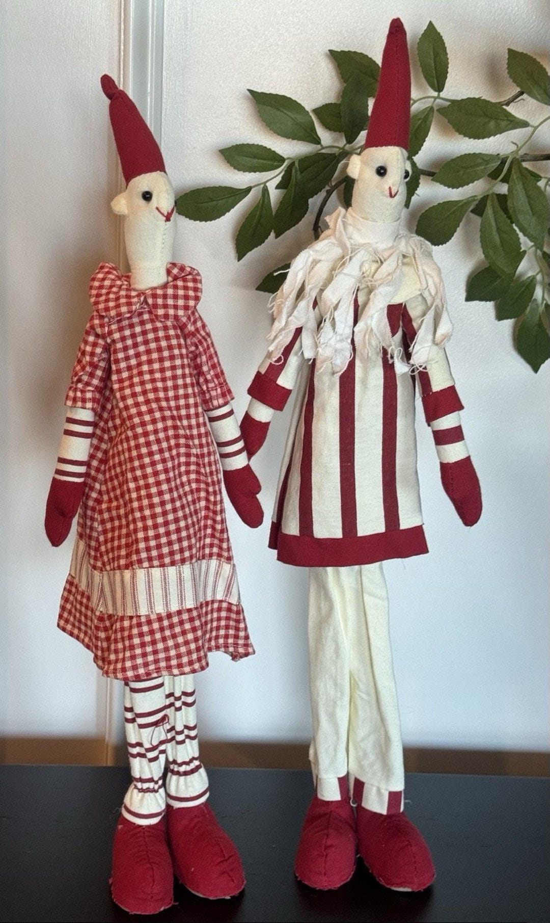 Vtg Set 2 Christmas Pixie Elves Long Legged Standing 21" Elf Red White ...