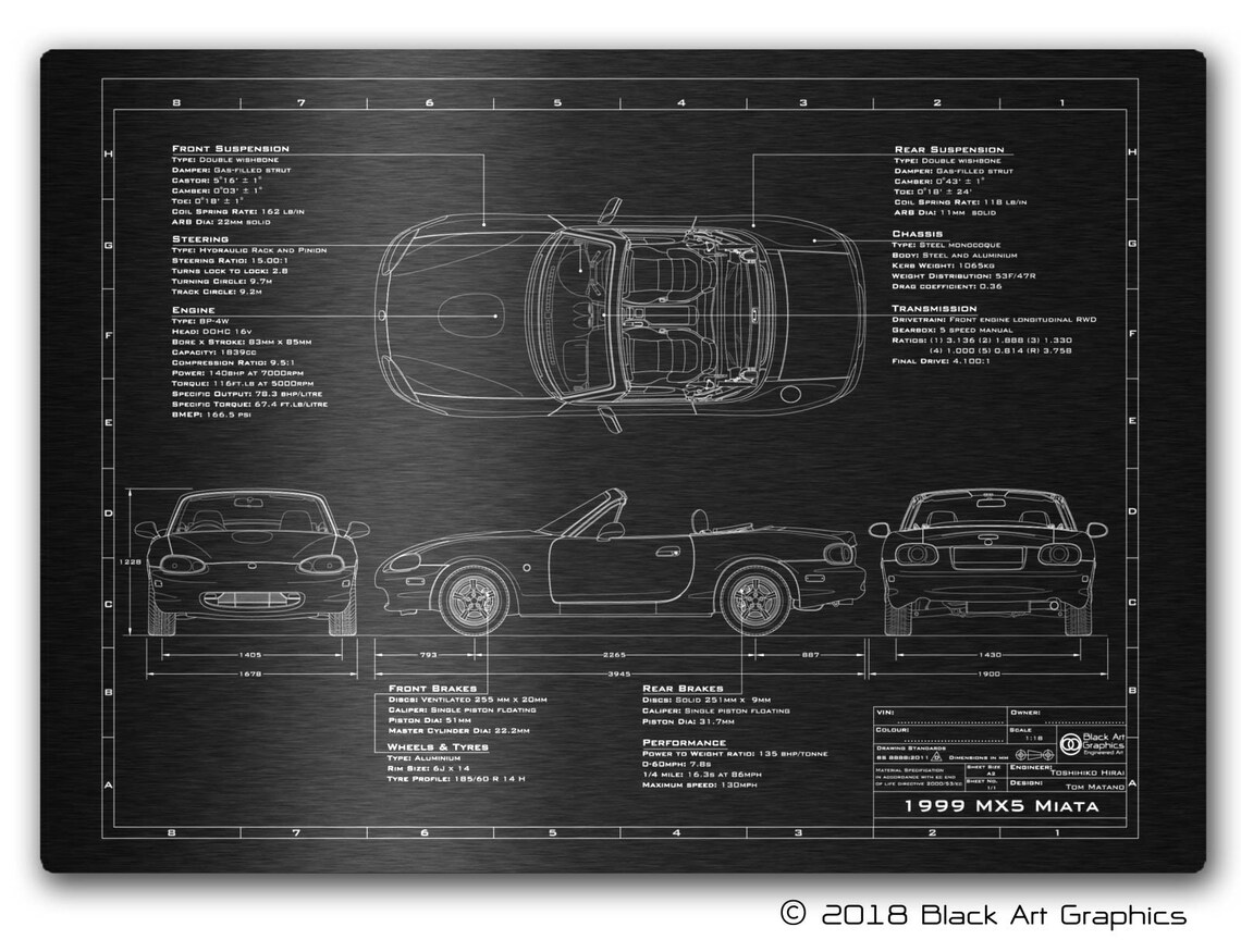 Mazda MX5 Miata Mk2 Personalised Engraved Aluminium Blueprint - Etsy