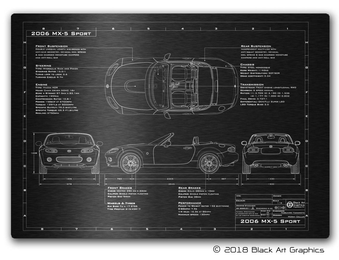 Mazda MX5 Miata Mk3 Personalised Engraved Aluminium Blueprint - Etsy