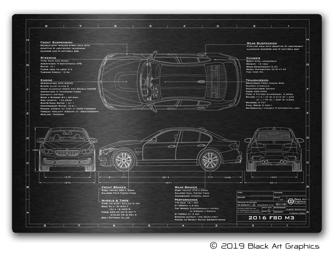 BMW M3 F80 Personalised Engraved Aluminium Blueprint - Etsy