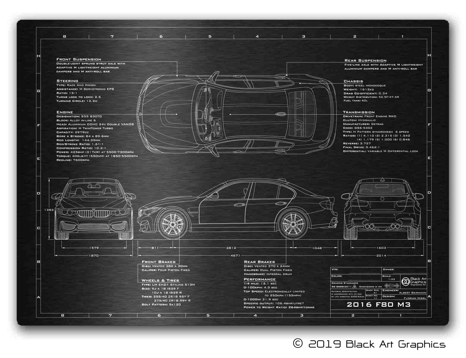 BMW M3 F80 Personalised Engraved Aluminium Blueprint - Etsy