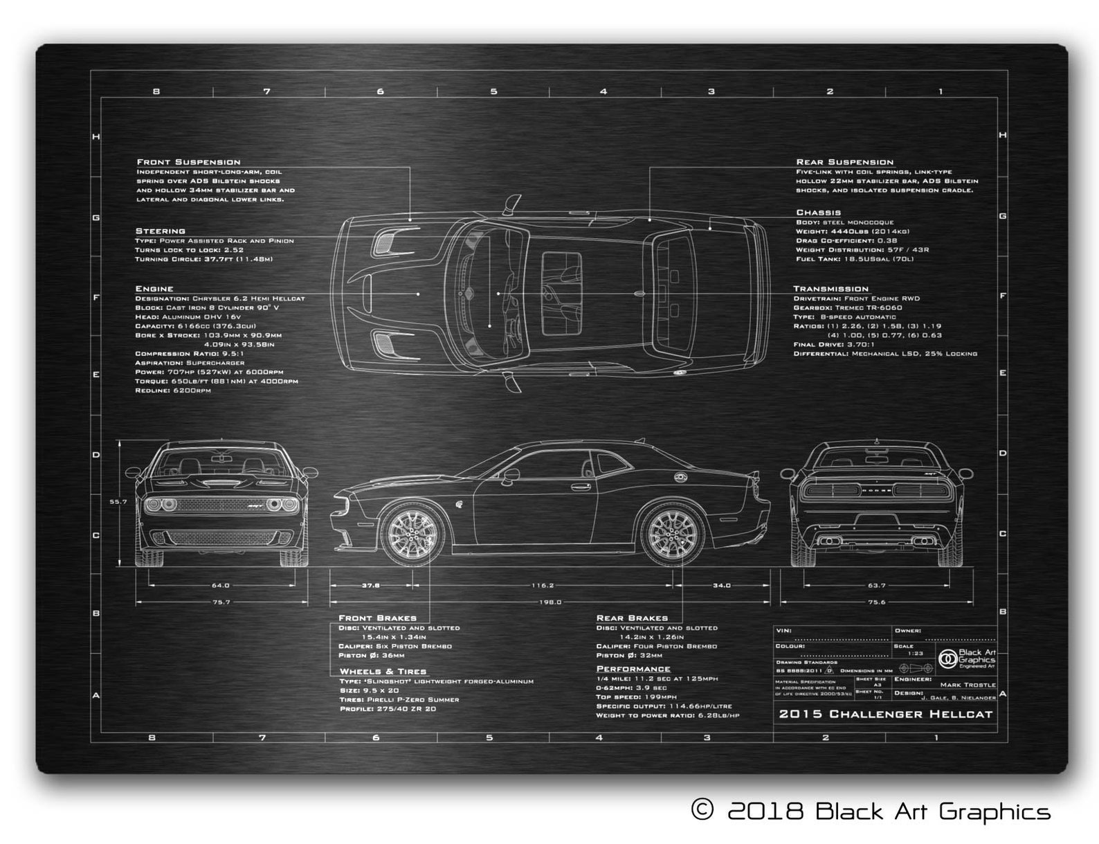 Dodge Challenger Hellcat Blueprint Laser Engraved Aluminium | Etsy