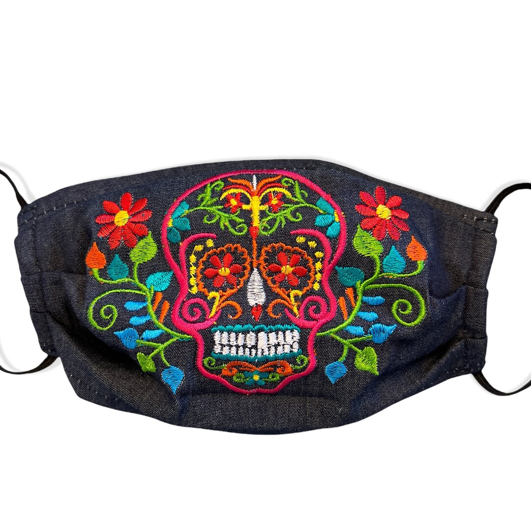 Embroidered Sugar Skull Face Mask, Colorful Day of the Dead Cotton Mask ...
