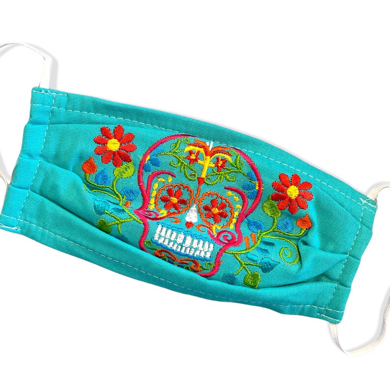 Embroidered Sugar Skull Face Mask, Colorful Day of the Dead Cotton Mask ...