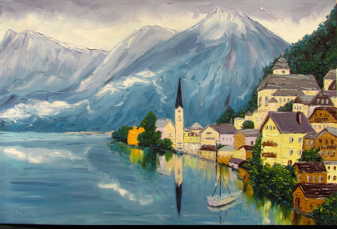 Original Oil Painting Austria Hallstatt Cityscape Europe - Etsy