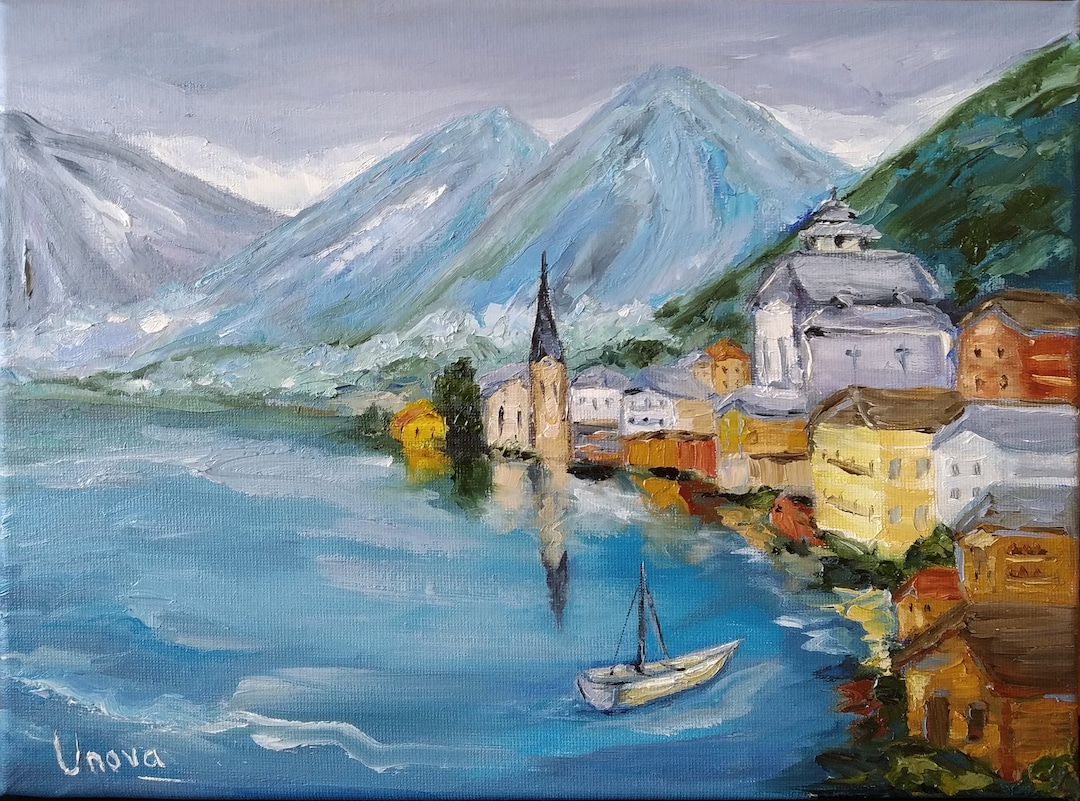 Original Oil Painting Austria Hallstatt Cityscape Europe Landscape ...