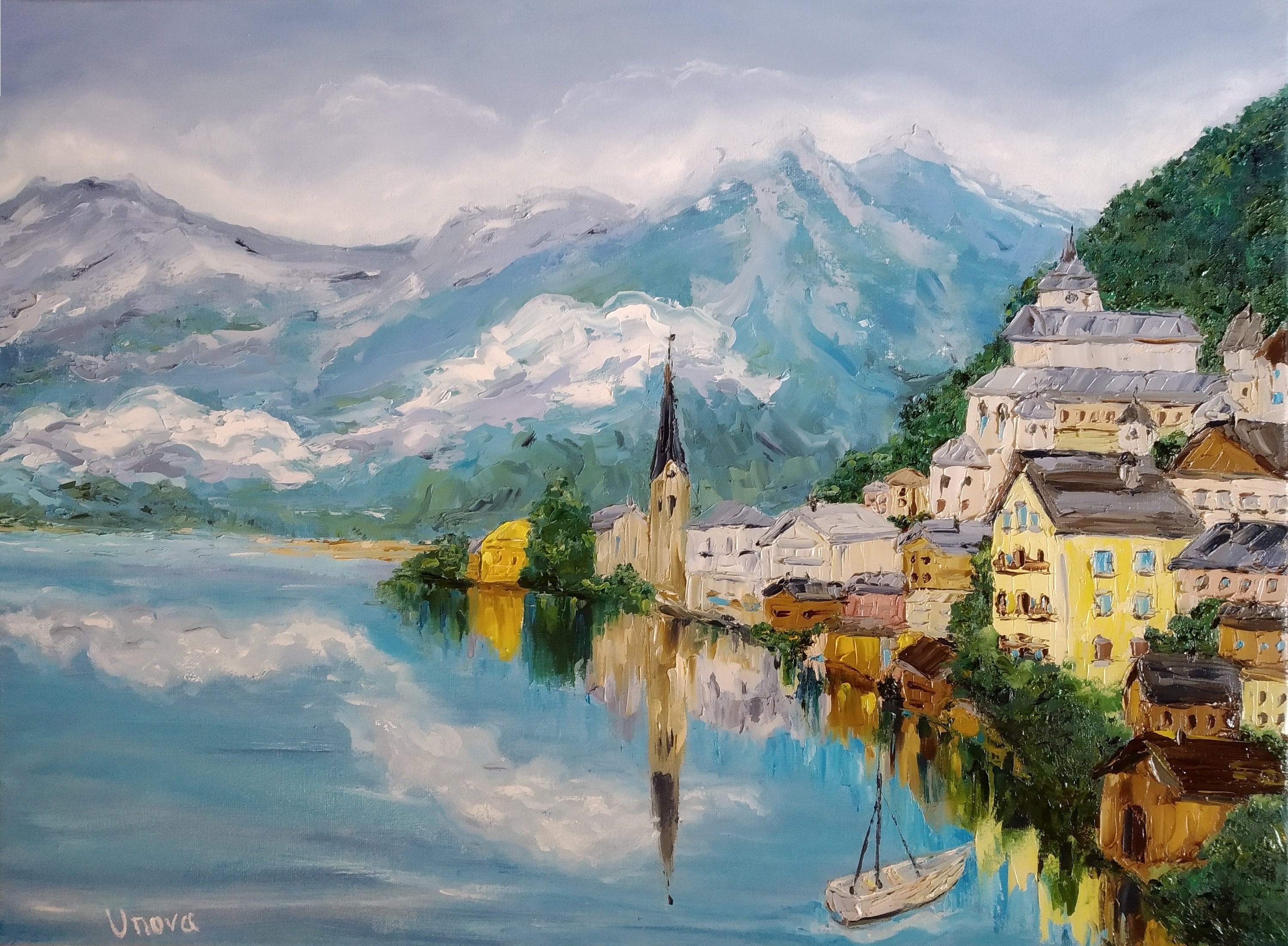 Original Oil Painting Austria Hallstatt Cityscape Europe Landscape ...