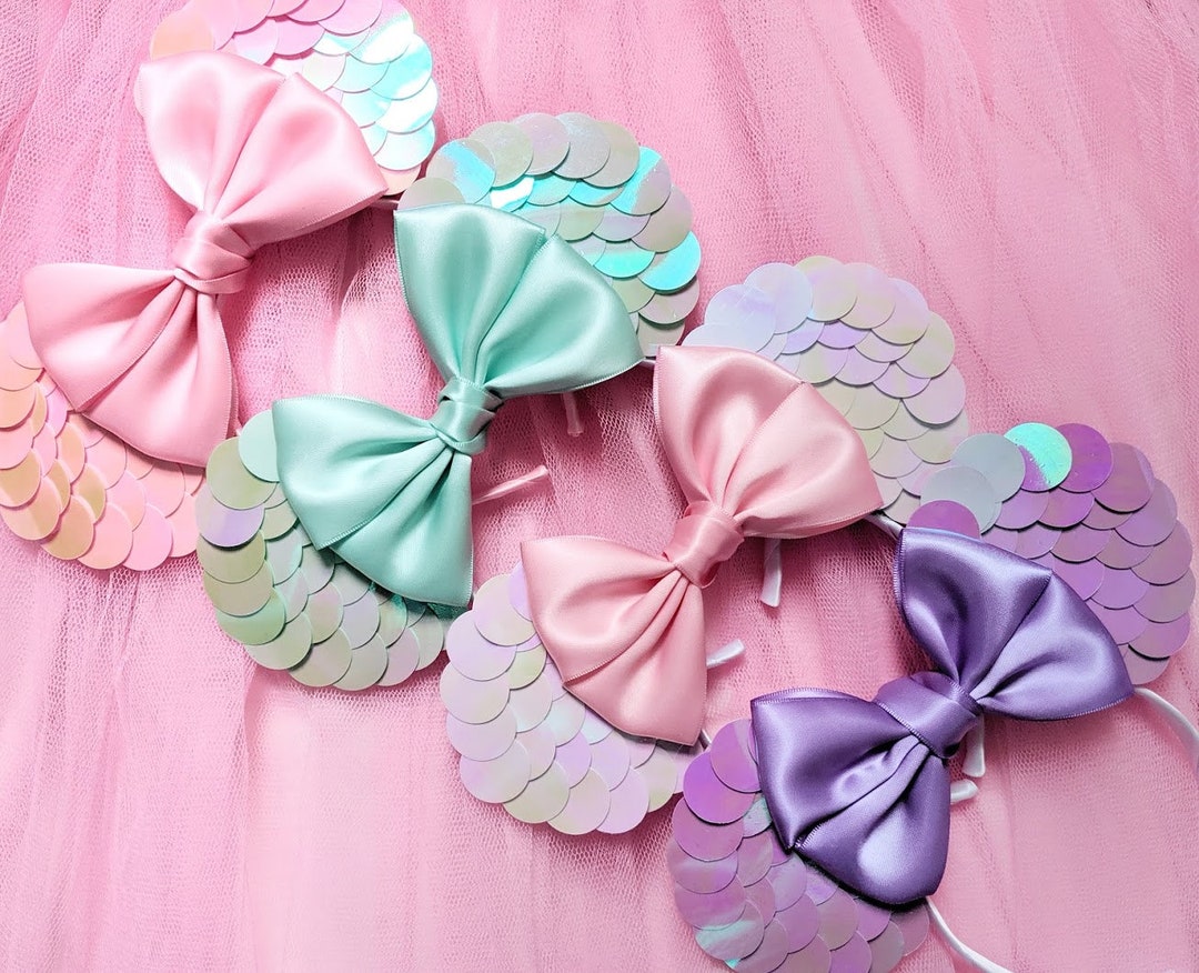 Pastel Ears Mermaid Ears Sequin Minnie Mouse Ears With Satin Bow ...