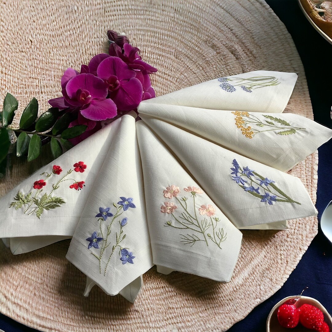 Embroidered Napkins Floral Linen Napkins Wildflowers Napkin Set of 6 ...