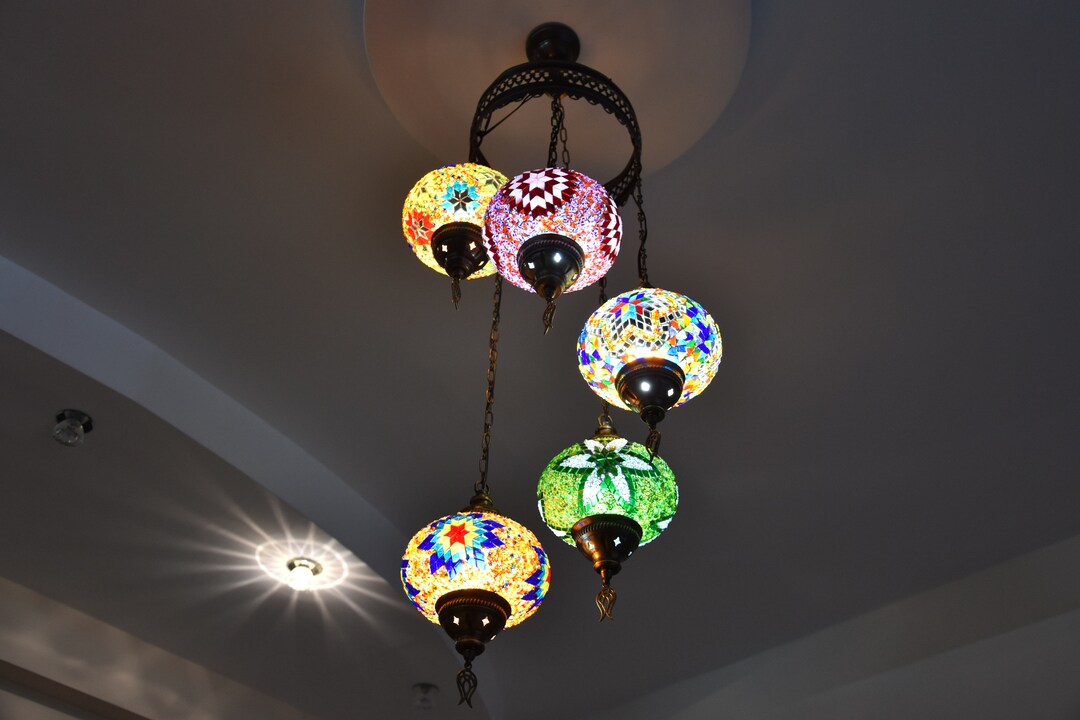 5-globes Chandelier Mosaic Turkish Ceiling Lamp Pendant Lamp Multi ...