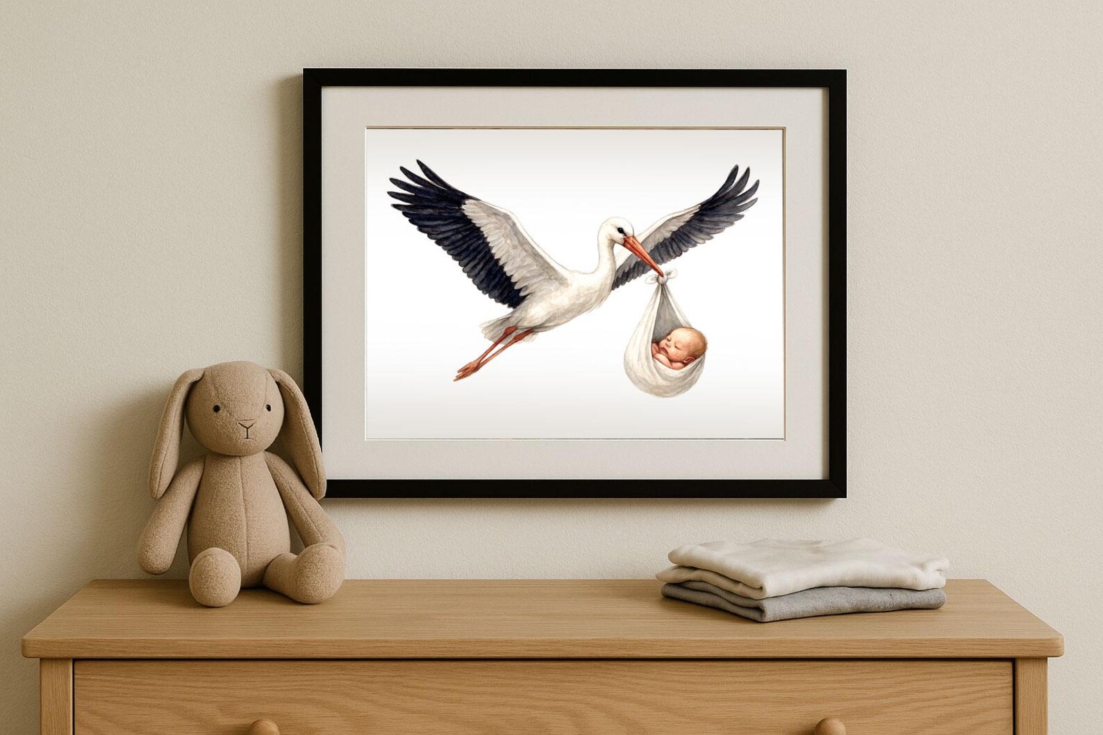 Stork Delivering a Baby Watercolor Print for Baby Nursery, Instant ...