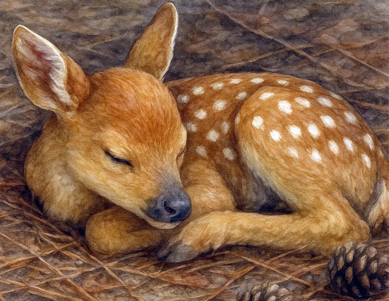 Resting Fawn, Baby Deer Watercolor Print for Woodland Nursery, Instant ...