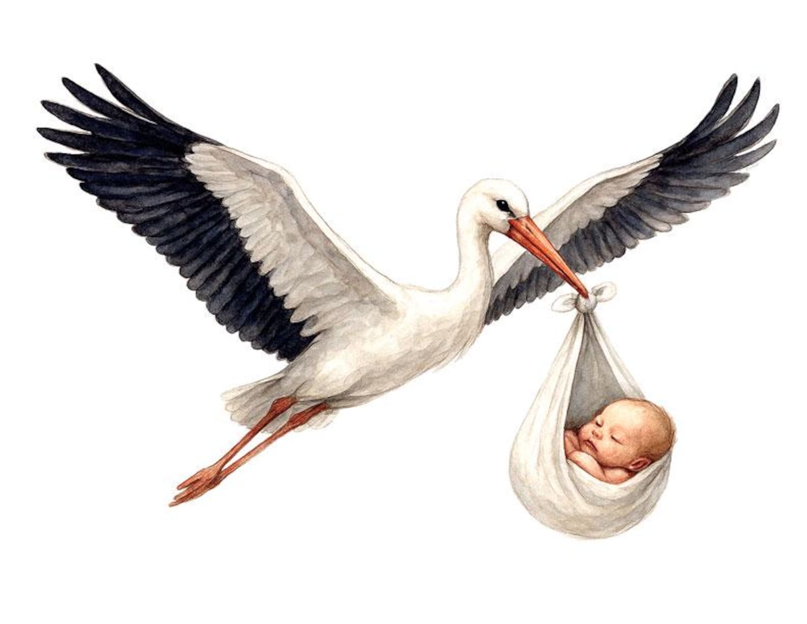 Stork Delivering a Baby Watercolor Print for Baby Nursery, Instant ...