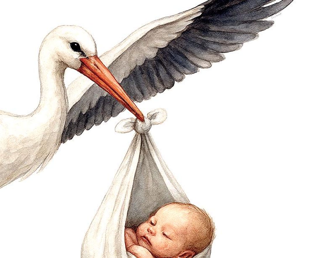 Stork Delivering a Baby Watercolor Print for Baby Nursery, Instant ...
