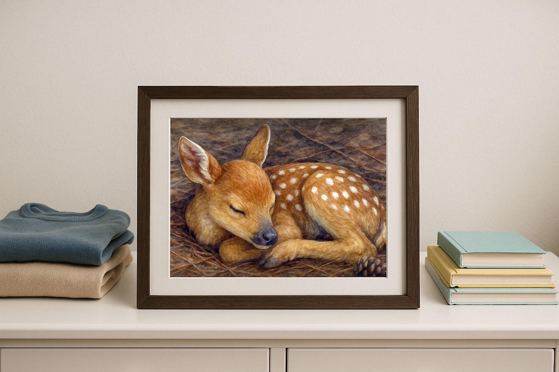 Resting Fawn, Baby Deer Watercolor Print for Woodland Nursery, Instant ...