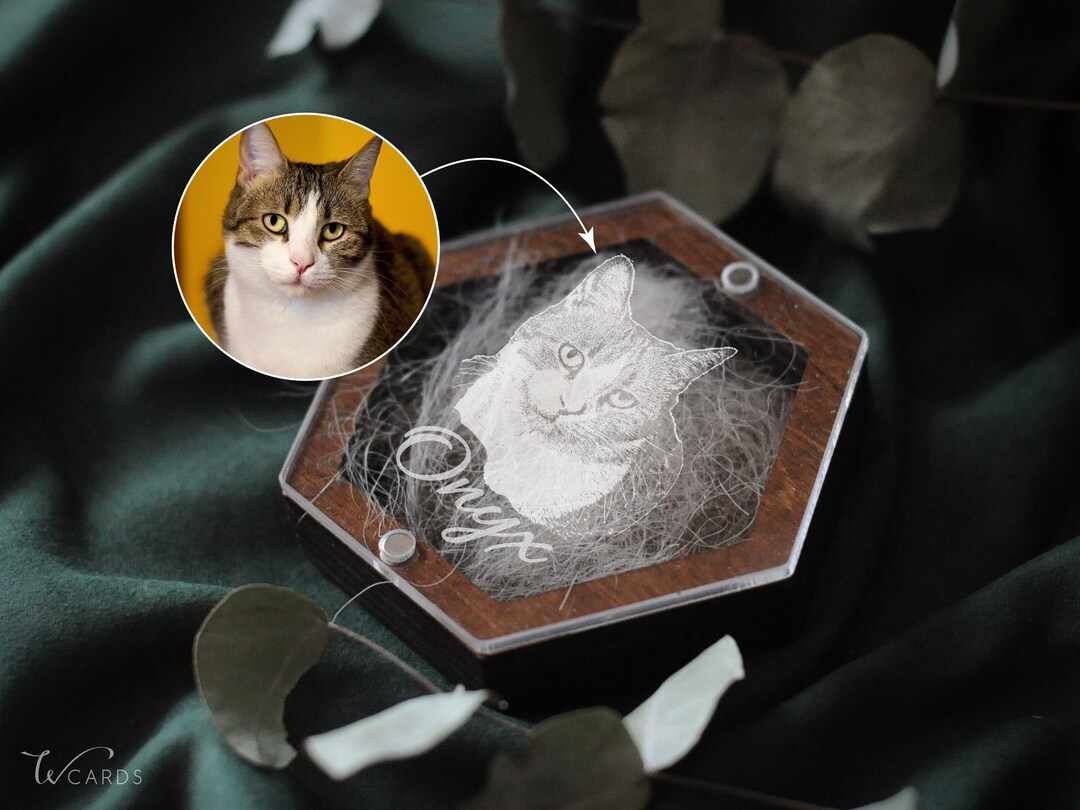 Engraved Pet Photo Fur Keepsake Box, Personalized Dog Cat Portrait Gift ...